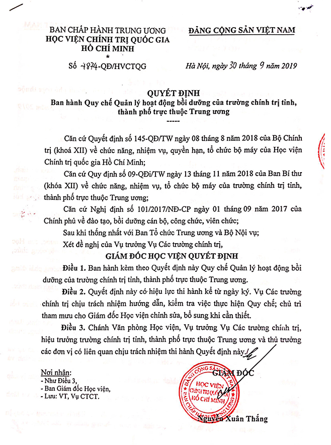 Quyết định số 7884 QĐ - HVCTQG về việc ban hành Quy chế Quản lý hoạt động bồi dưỡng của trường ...